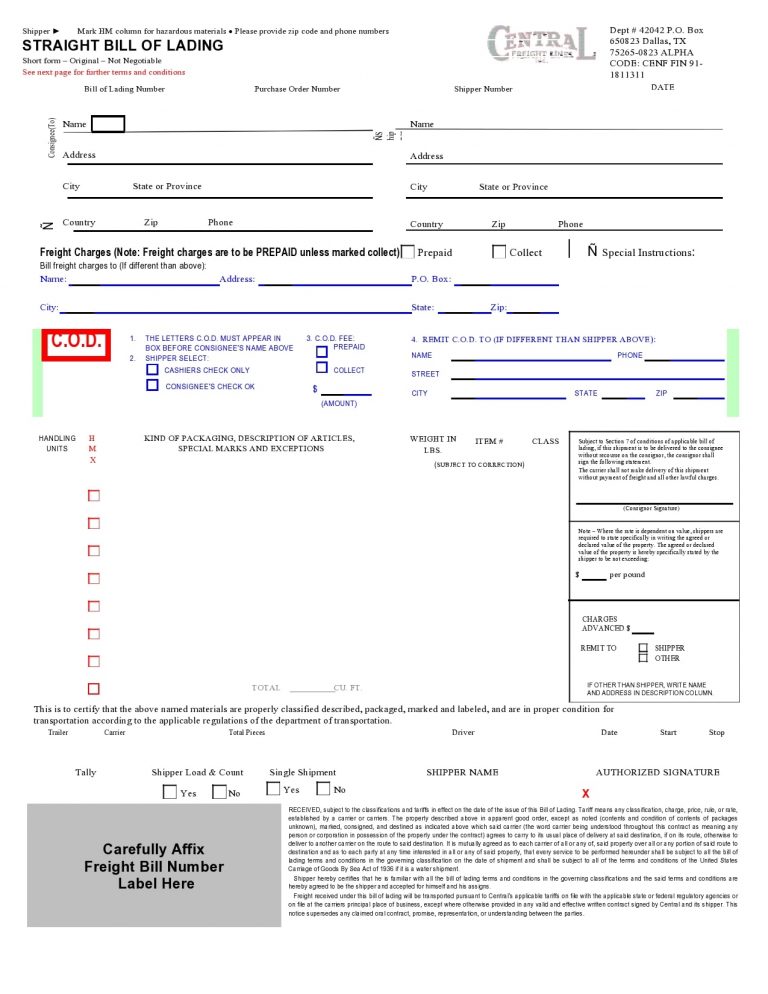 21+ Free 11+ Free Bill of Lading Templates - Word Excel Formats